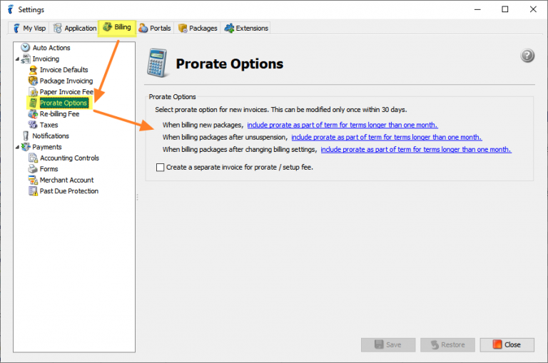 ISP Settings : Prorate Options - VISP